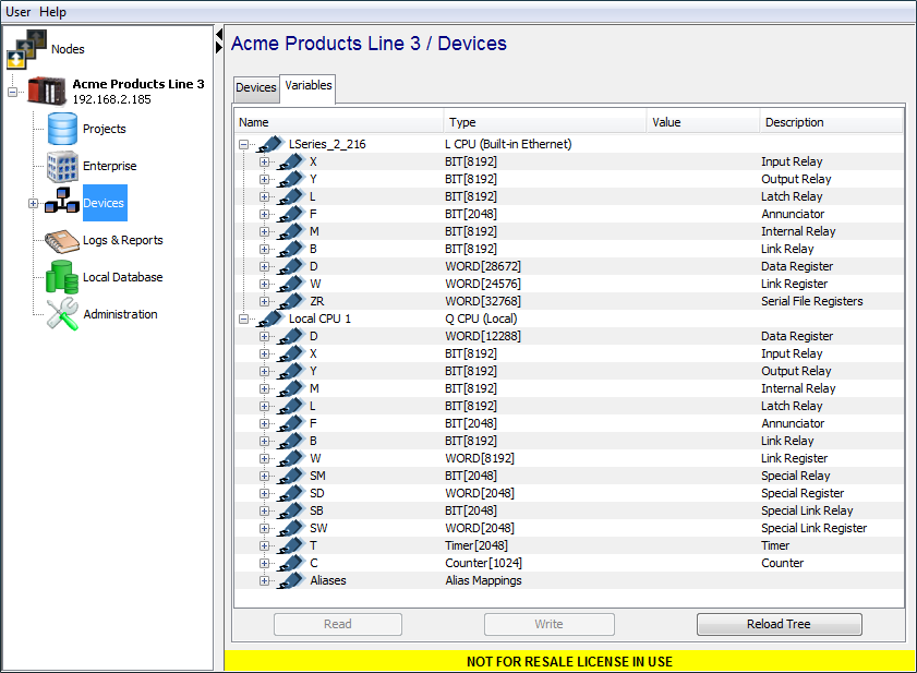 Using the Variables window to access Mitsubishi device variables