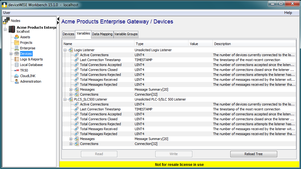 Using the Variables window to access Rockwell device variables