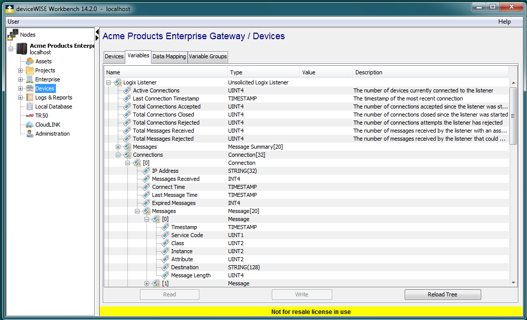 Using the Variables window to access Rockwell device variables