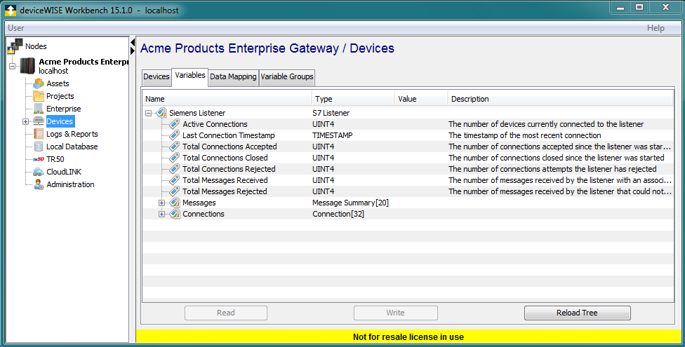 Using the Variables window to access Siemens S7 Listener connection data