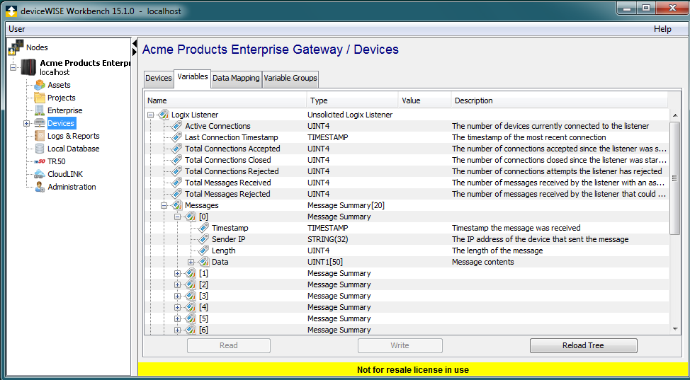 Using the Variables window to access Rockwell device variables