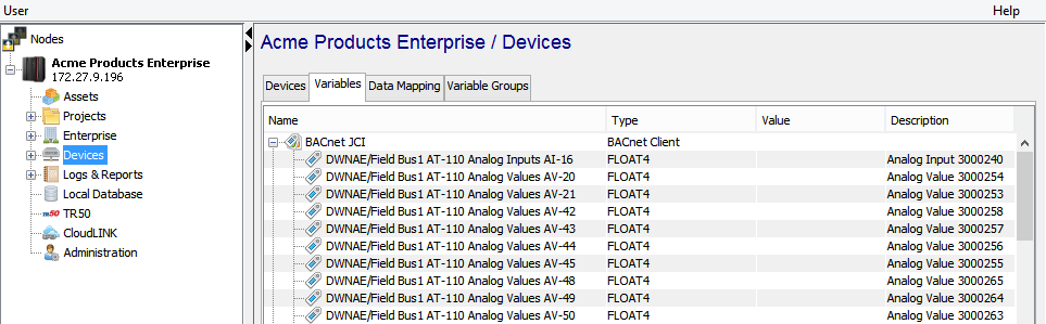 Using the Variables window to access BACnet device variables