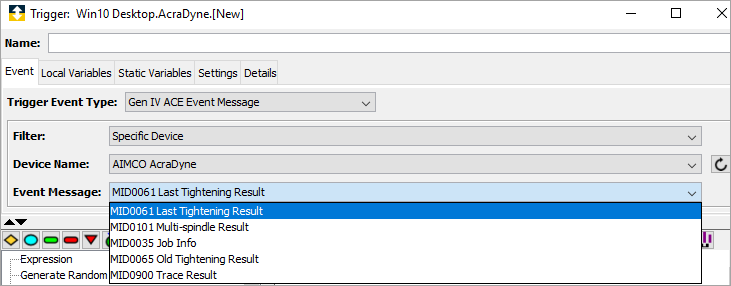 AcraDyne trigger event types