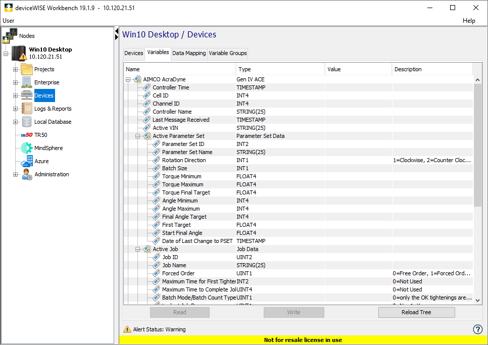 Using the Variables window to access AcraDyne device variables