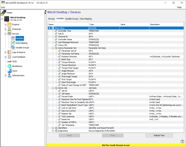 Using the Variables window to access Apex Cleco device variables