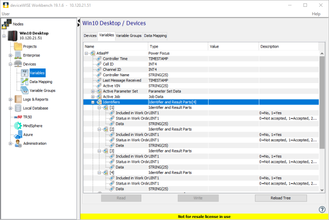 Using the Variables window to access Atlas Copco device variables