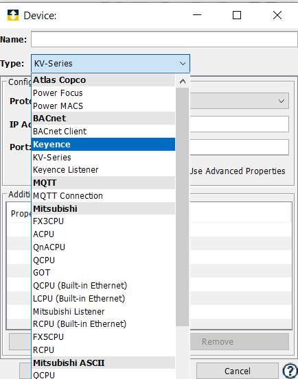 Using the Workbench to define a Keyence device