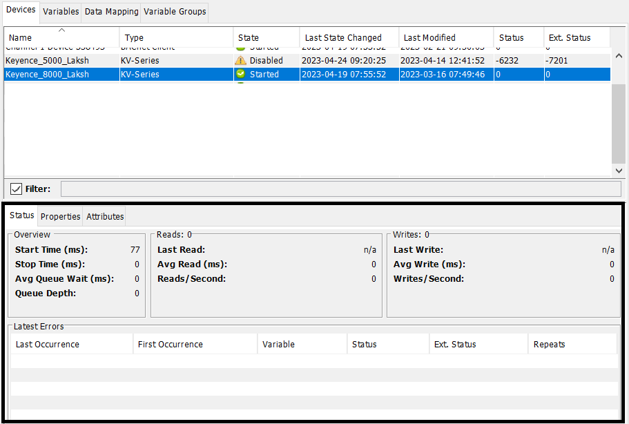 Displaying runtime status and attributes for a Keyence device