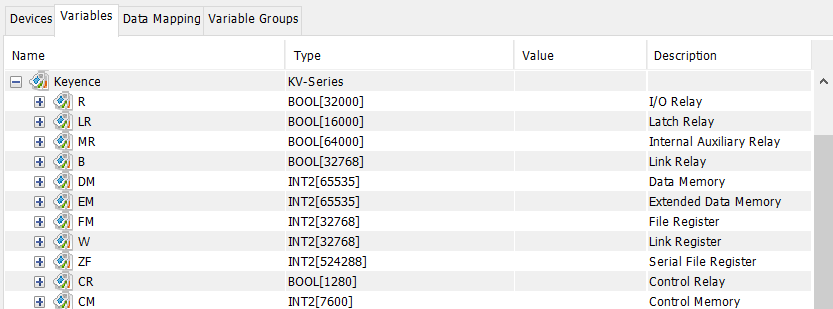 Using the Variables window to access Keyence device variables