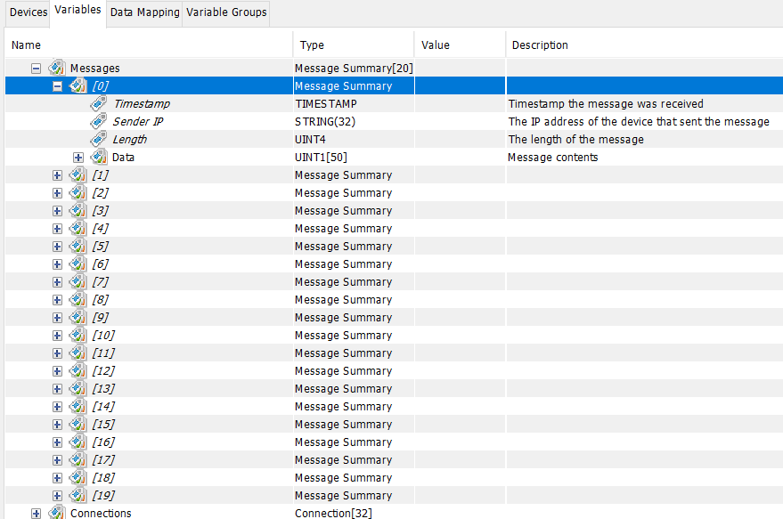 Using the Variables window to access Keyence Listener connection data