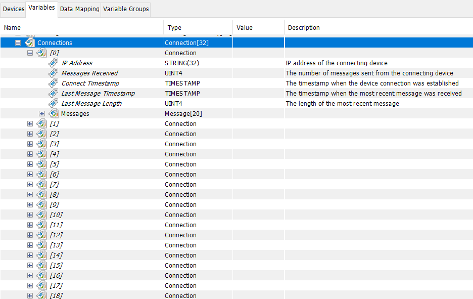 Using the Variables window to access Keyence Listener connection data